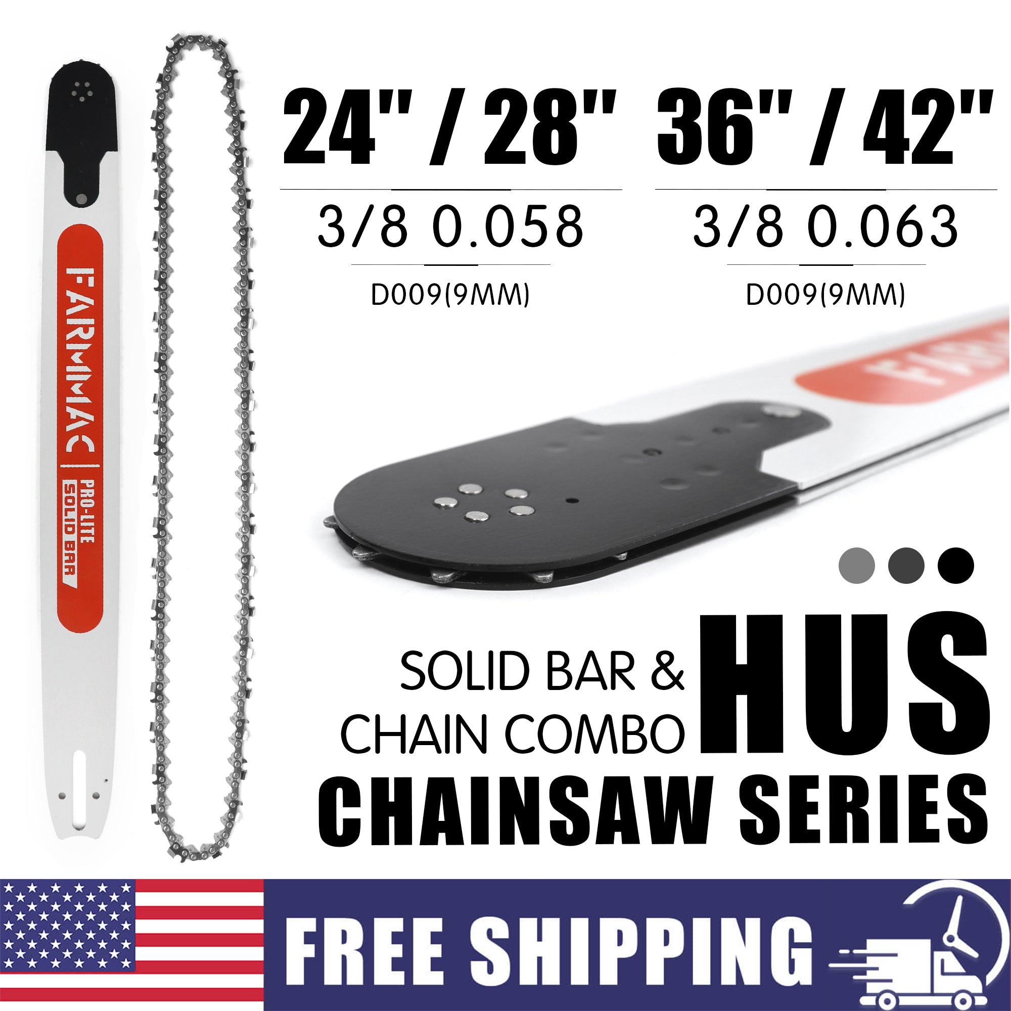 FARMMAC Chainsaw Bar and Chain Combo 3/8 Pitch 0.058 Guage 24 28 36in U ...